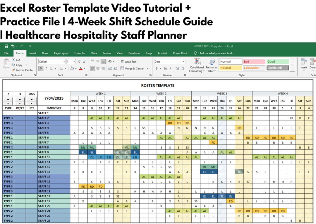 Excel Roster Template Video Tutorial + Practice File | 4‑week Employee ...