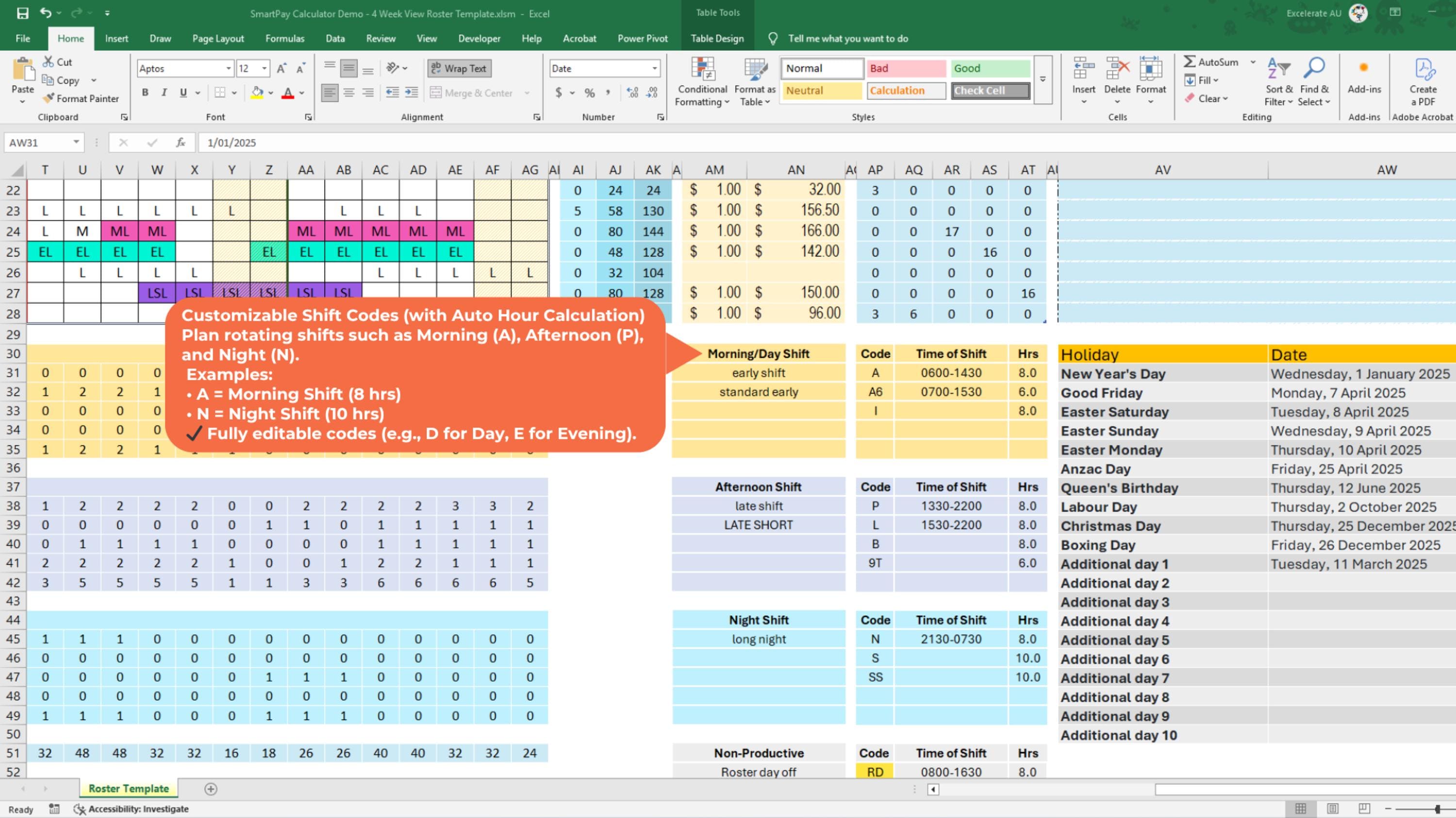 Excel Employee Roster Template: Australian Business Planner (4, 6, 8 ...