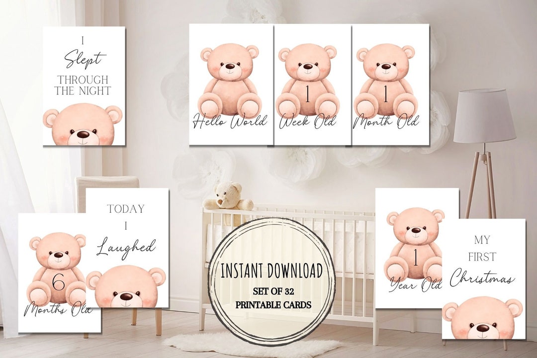 Cute Teddy Printable Milestone Cards, First Year Milestones, Newborn ...