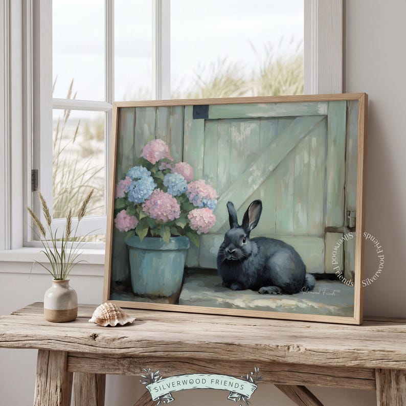 Farmhouse Black Rabbit Oil Painting, Pink Flowers, Rustic Sage Green ...