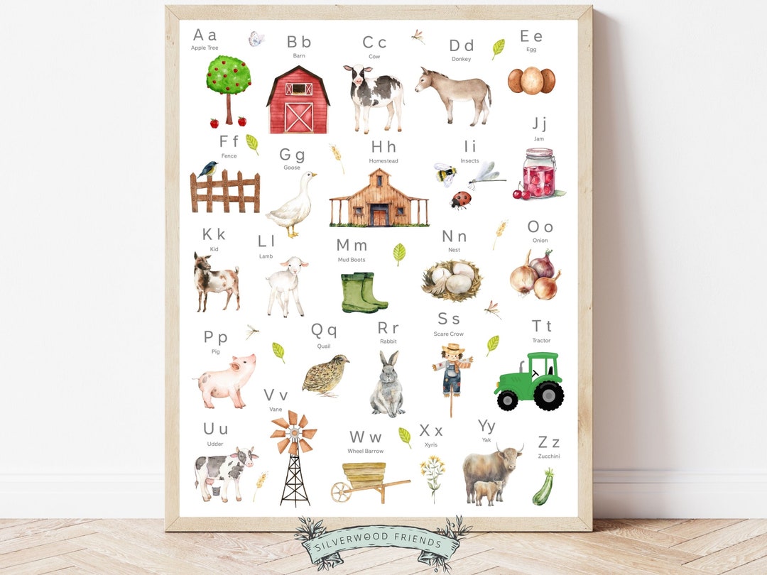Farm Alphabet Print, Baby Farm Animals Nursery Wall Art, Farm abc ...