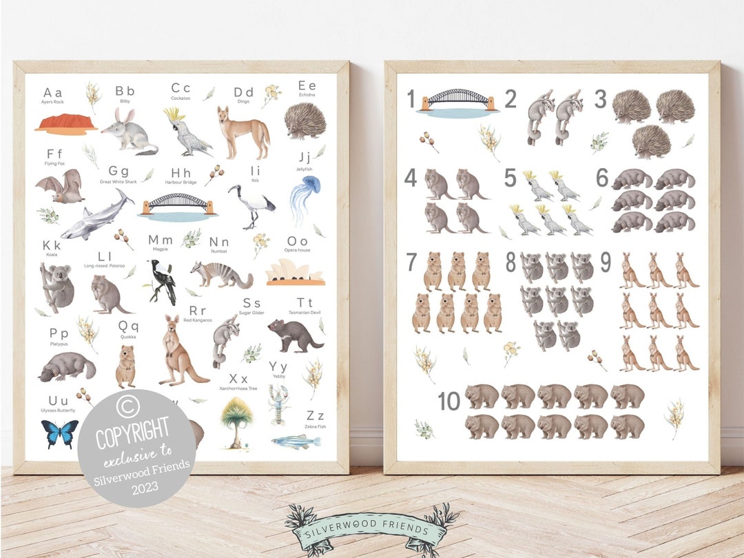 Australian Alphabet and Number Print, Australian Animal Nursery Decor ...
