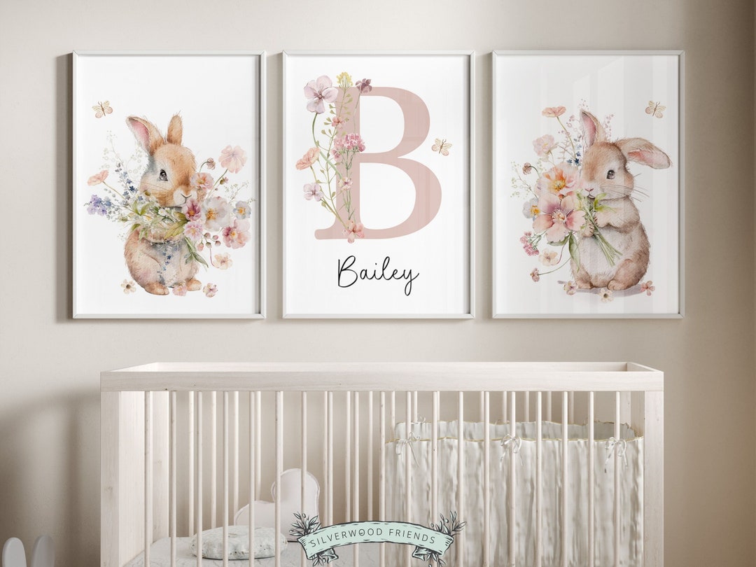 Bunny Nursery Prints, Floral Bunny Nursery Wall Art, Wildflower Nursery ...