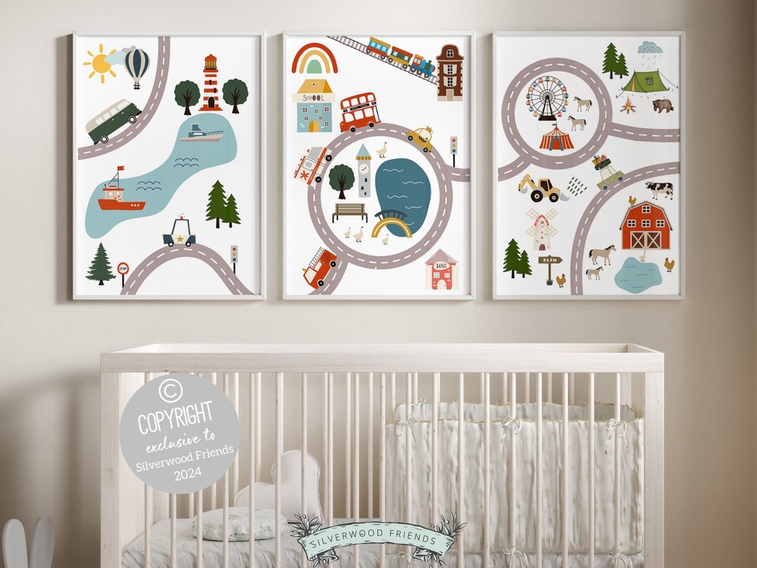 Kids Road Transport Map Nursery Prints, Car Nursery Decor, Toddler Room ...