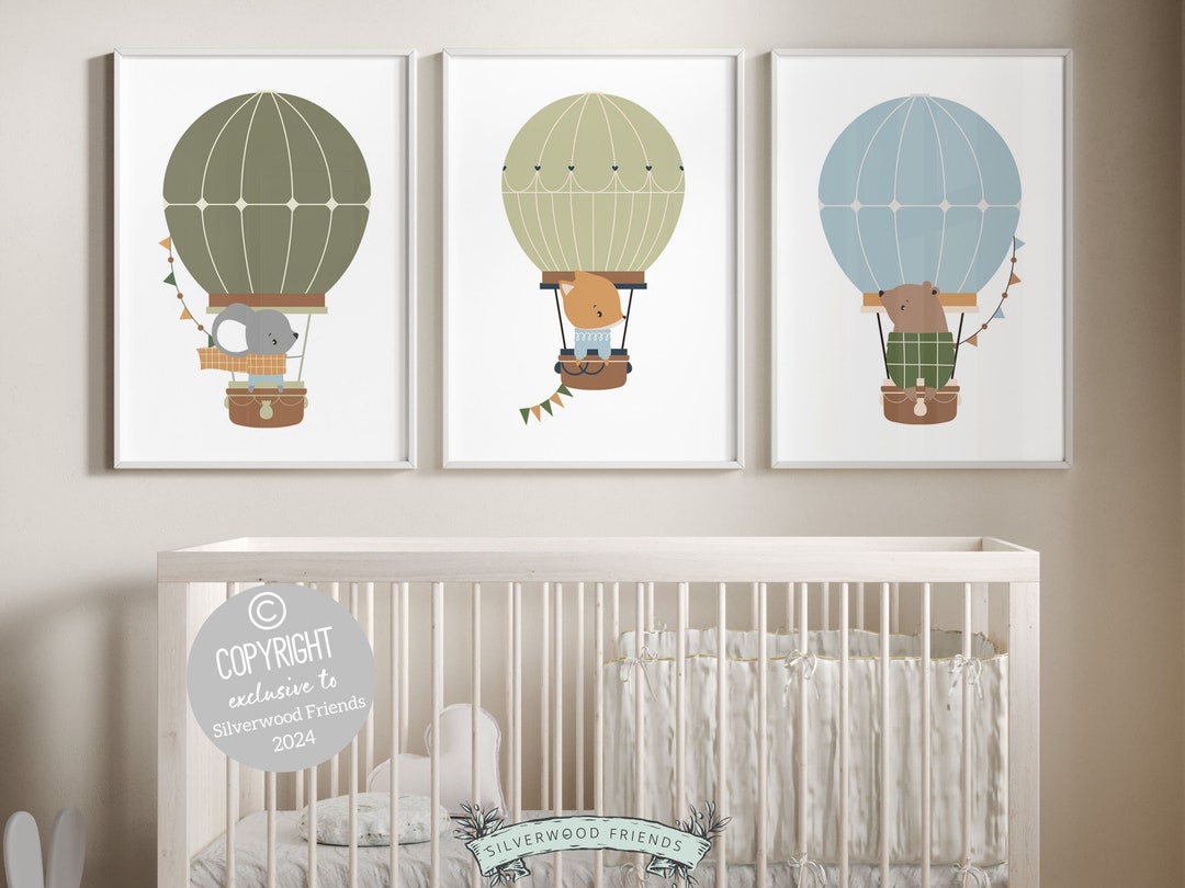 Hot Air Balloon Nursery Prints, Kids Woodland Animal Nursery Decor ...