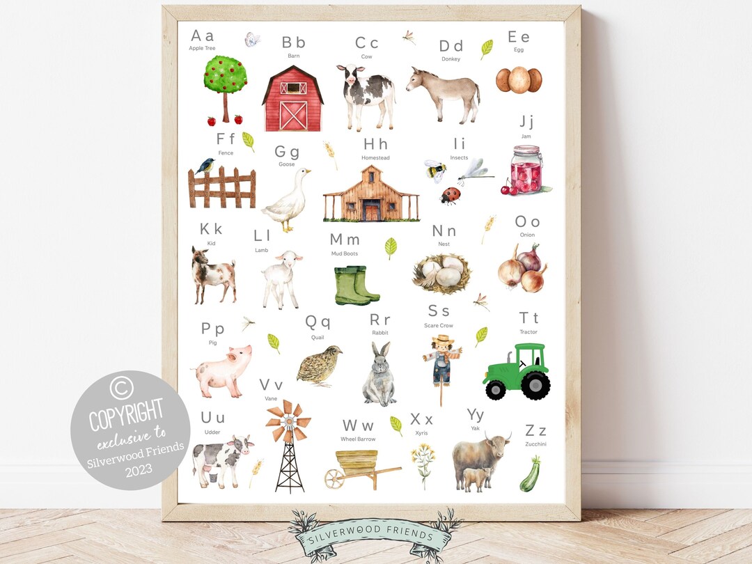 Farm Alphabet Print, Baby Farm Animals Nursery Wall Art, Farm Abc ...
