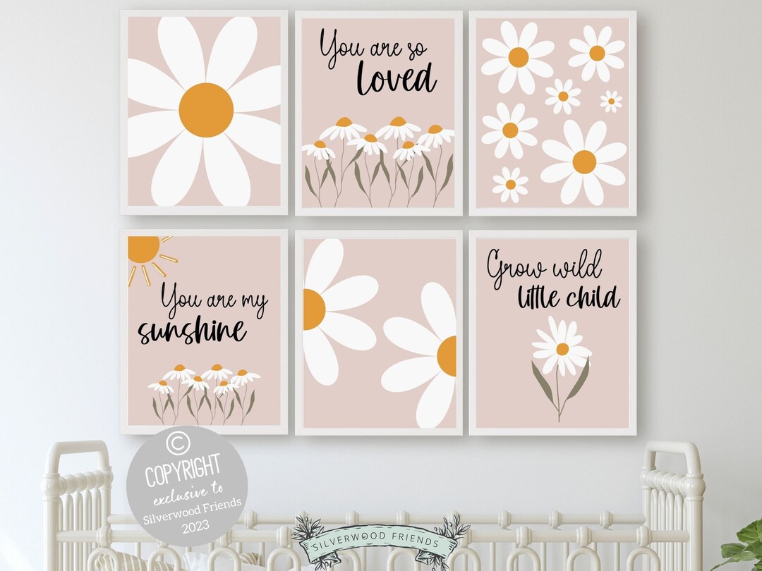 Daisy Nursery Print Set, Girls Daisy Nursery Room Decor, Girls Pink ...