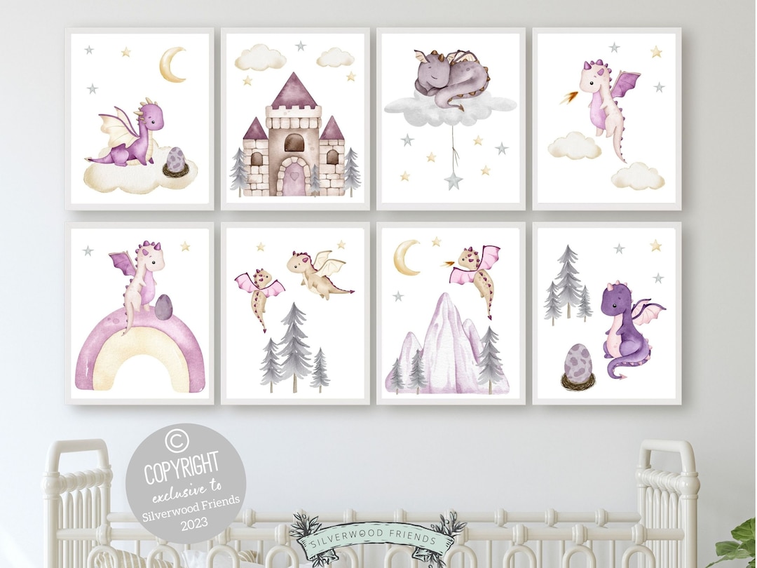 Baby Dragon Nursery Prints Set of 8, Girls Dragon Nursery Decor ...