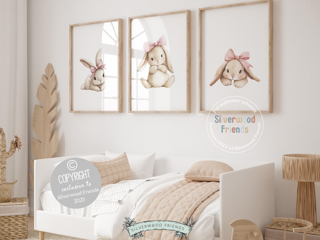 Baby Girls Bunny Nursery Prints, Baby Girl Woodland Bunny Nursery Decor ...