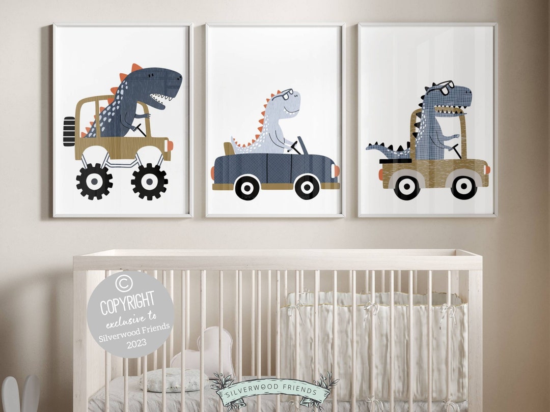 Baby Boys Dinosaur Theme Nursery Print Set of 3,transport Theme Nursery ...