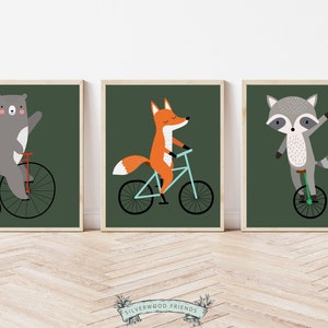Woodland Animals Riding Bike Set of 3 Prints Green Woodland - Etsy