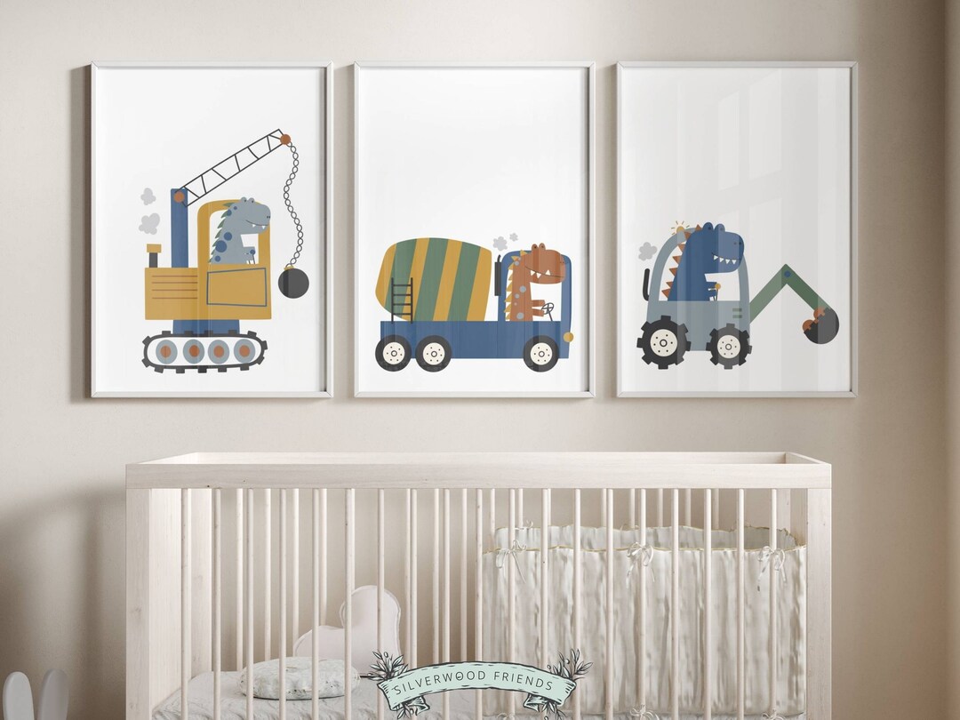 Baby Boys Dinosaur Theme Nursery Print Set of 3, Dinosaur Digger Trucks ...