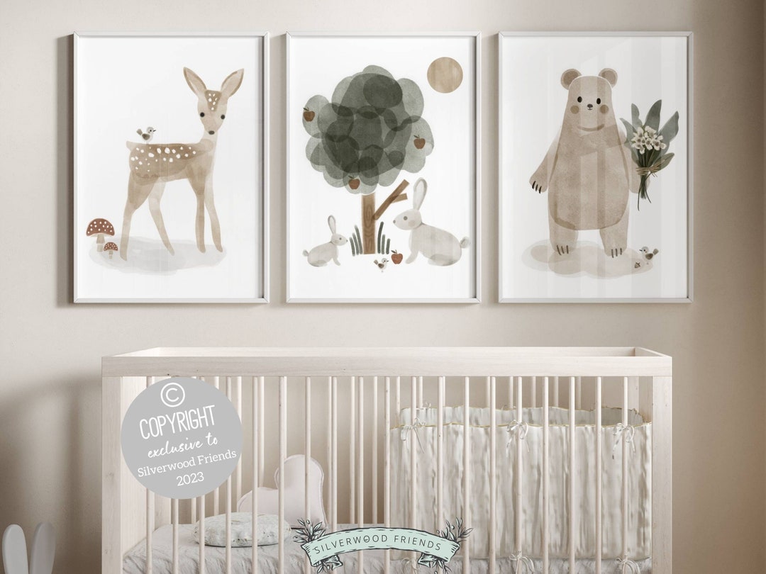 Boho Woodland Nursery Prints, Boho Nursery Decor, Sage Green Baby Room ...