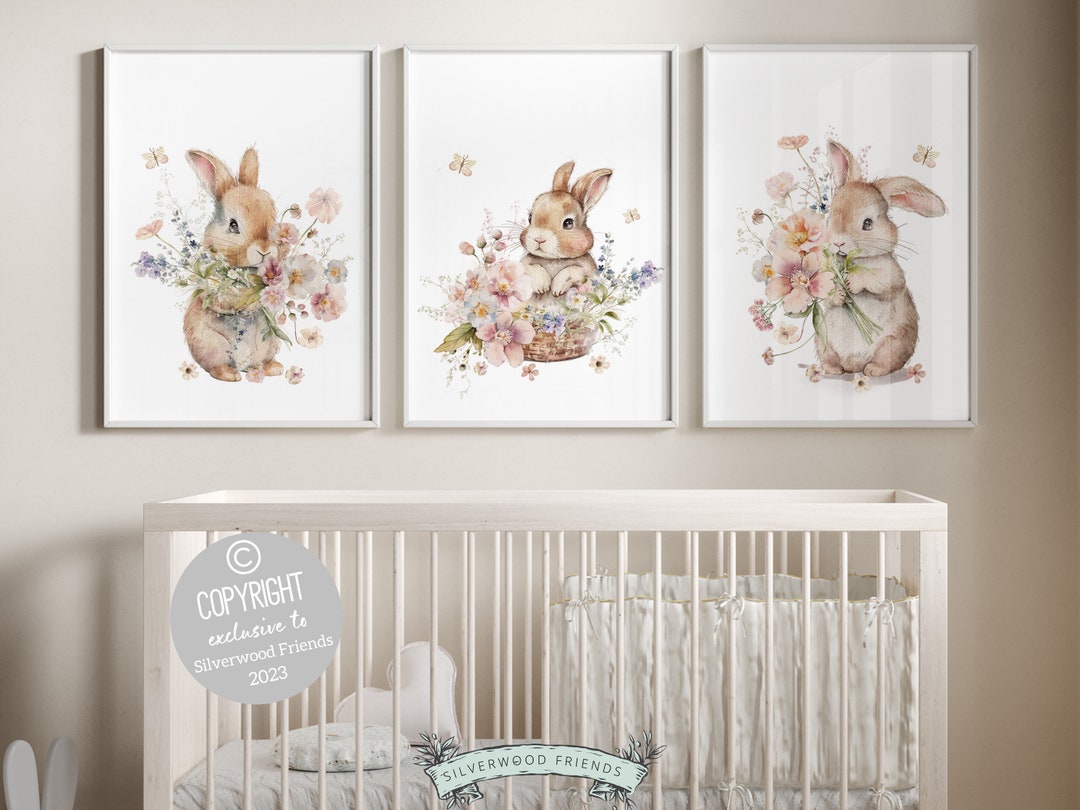Bunny Nursery Prints, Floral Bunny Nursery Wall Art, Wildflower Nursery ...