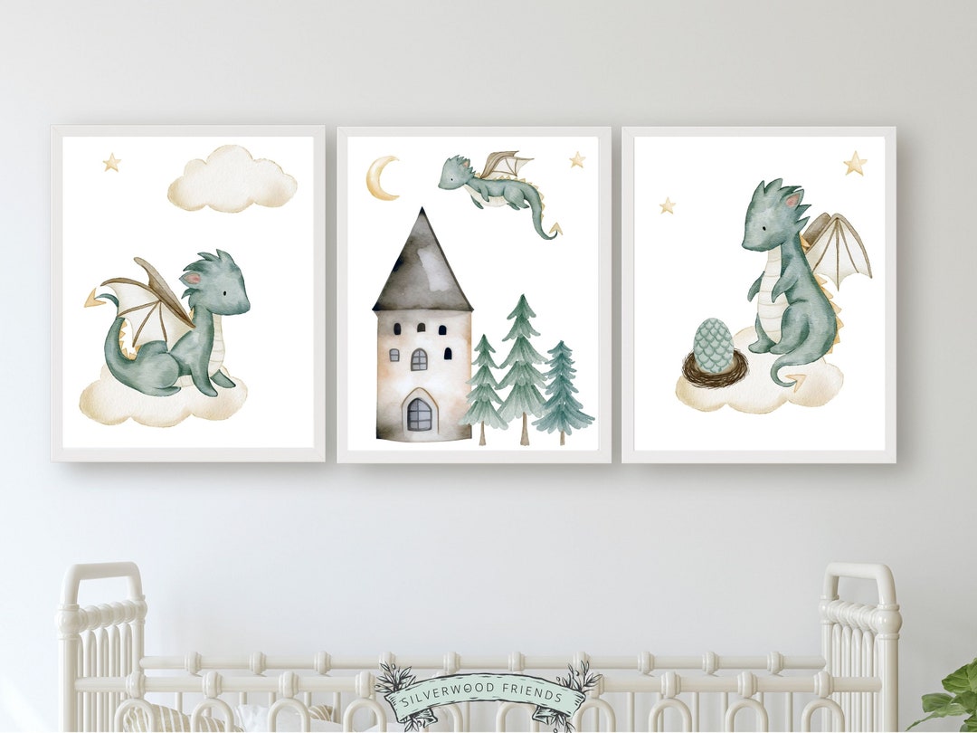 Set of 3 Baby Dragon Nursery Prints, Dragon Nursery Decor, Fairytale ...