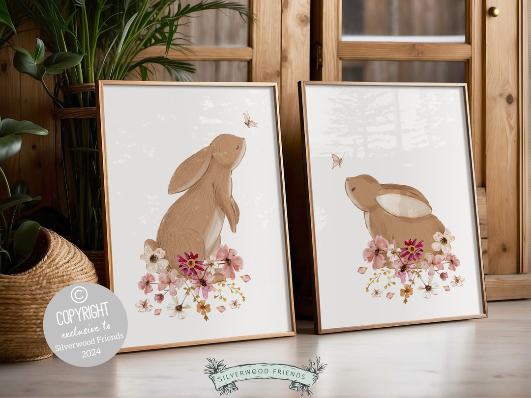 Bunny Nursery Prints Set, Floral Bunny Nursery Wall Art, Wildflower ...