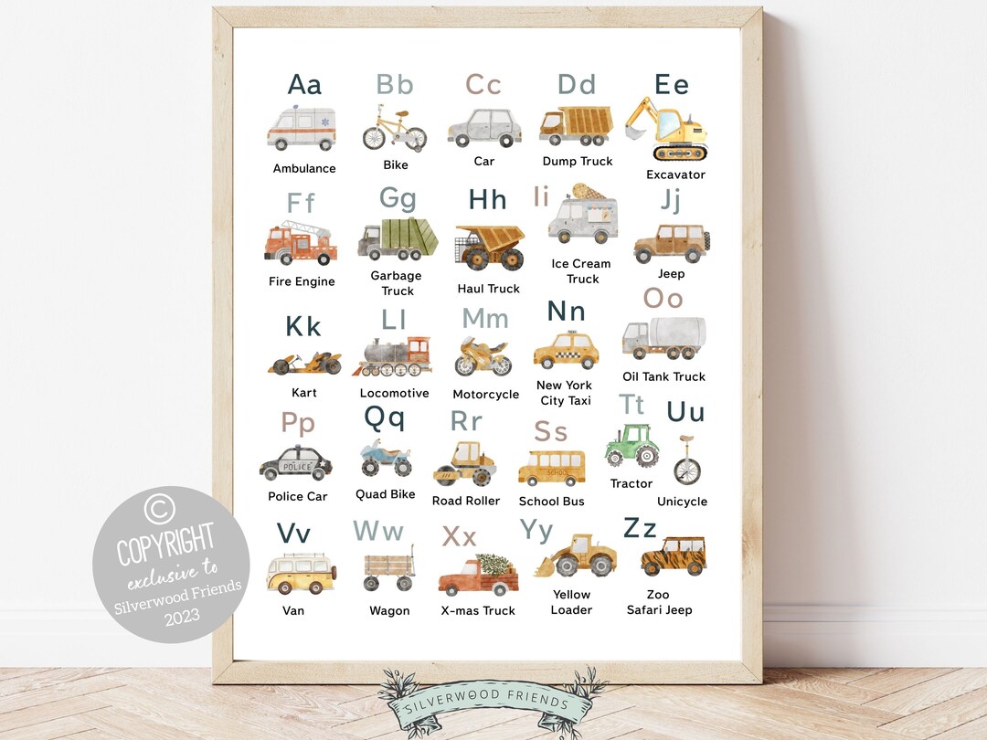 Transport Alphabet Print, Construction Vehicles ABC Print, Boys Nursery ...