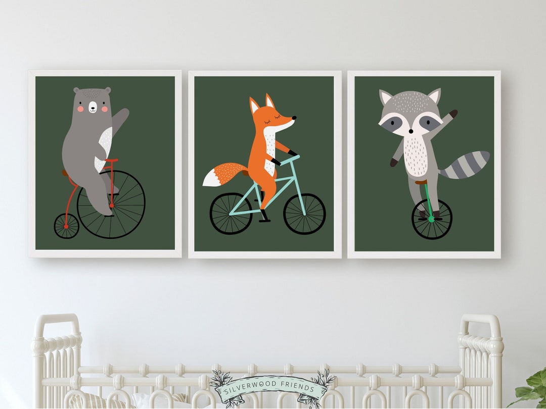Woodland Animals Riding Bike Set of 3 Prints Green Woodland - Etsy