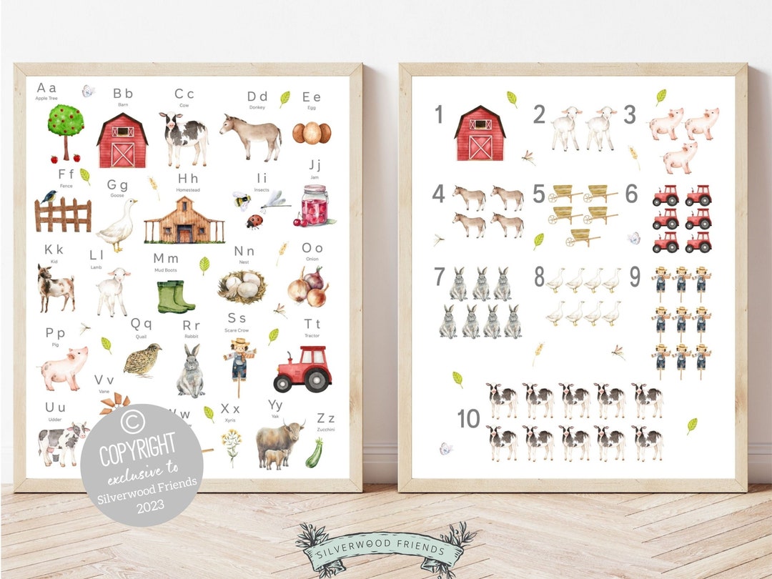 Farm Alphabet and Numbers Print, Farm Animals Nursery Wall Art, Farm ...