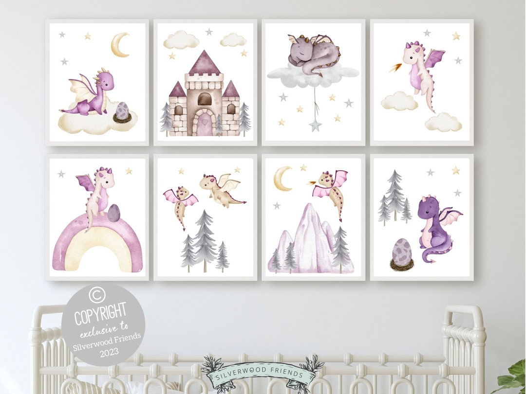 Baby Dragon Nursery Prints Set of 8, Girls Dragon Nursery Decor ...