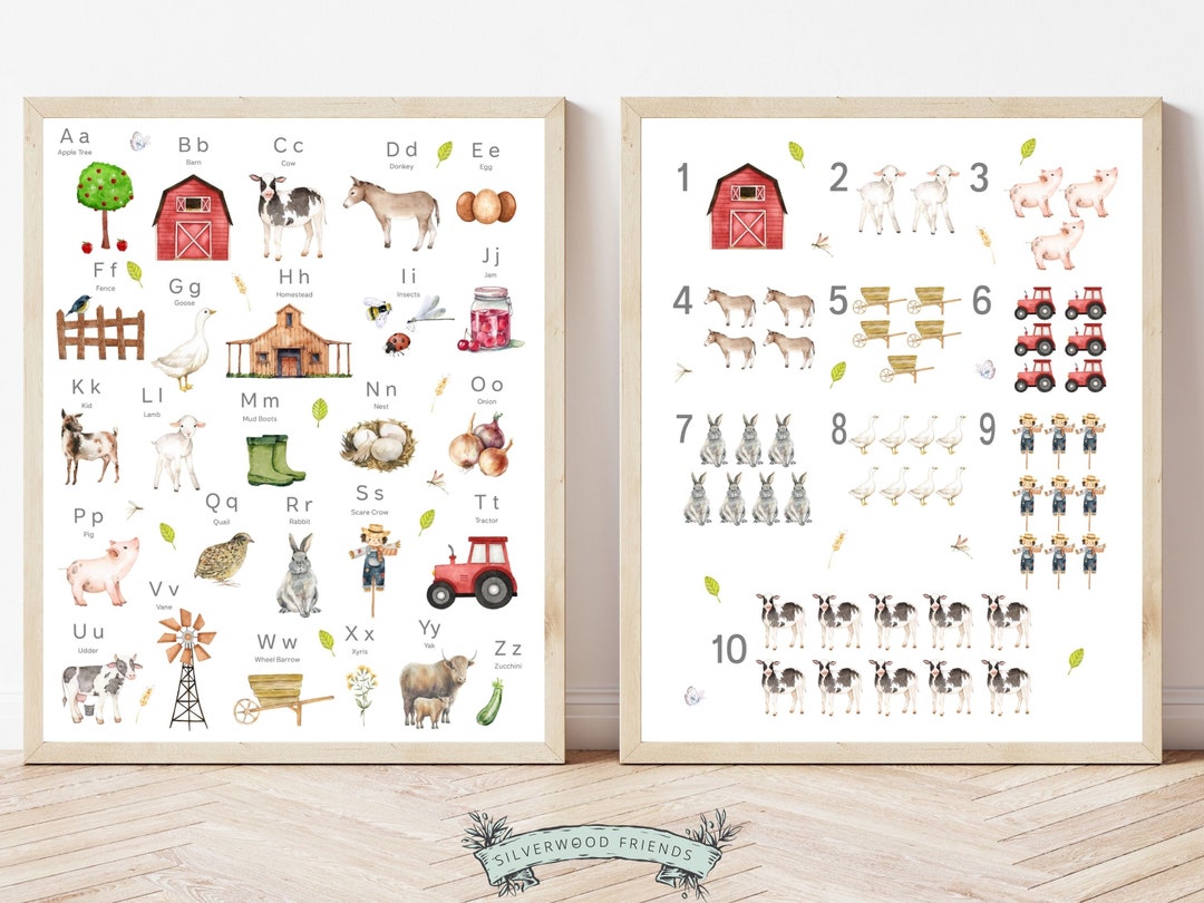 Farm Alphabet and Numbers Print, Farm Animals Nursery Wall Art, Farm ...