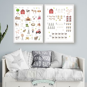 Farm Alphabet and Numbers Print, Farm Animals Nursery Wall Art, Farm ...