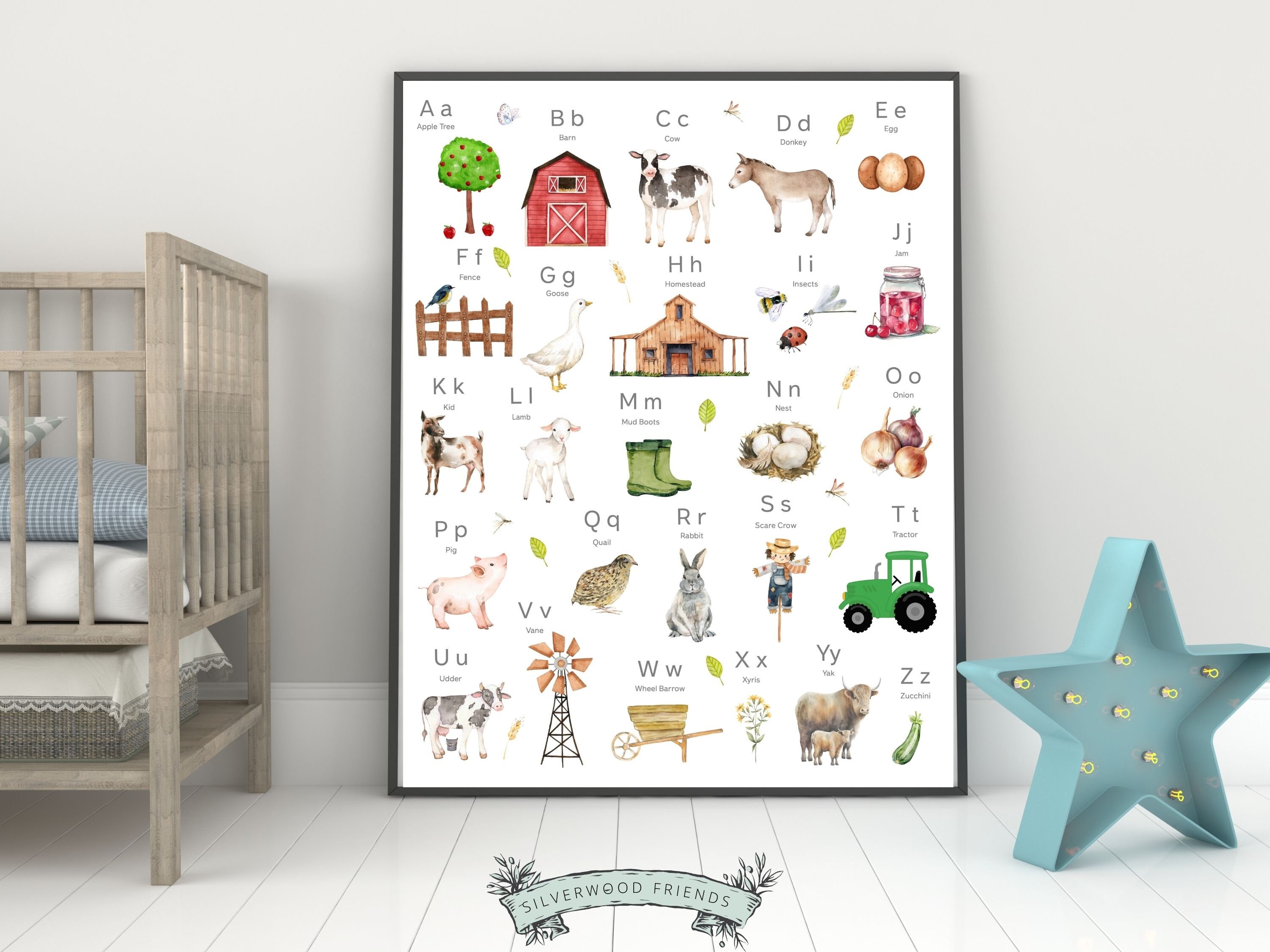 Farm Alphabet Print, Baby Farm Animals Nursery Wall Art, Farm Abc ...