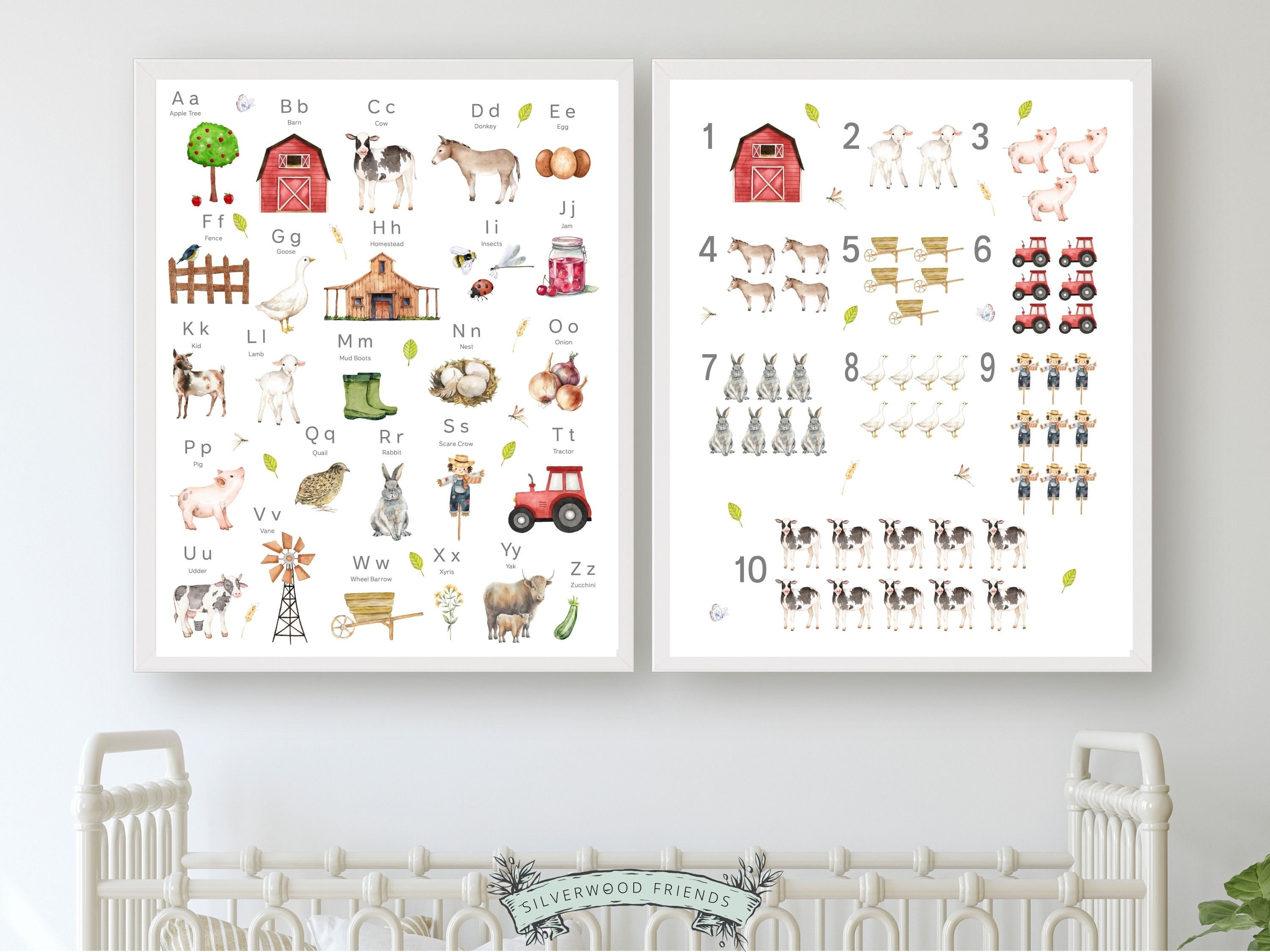 Farm Alphabet and Numbers Print, Farm Animals Nursery Wall Art, Farm ...