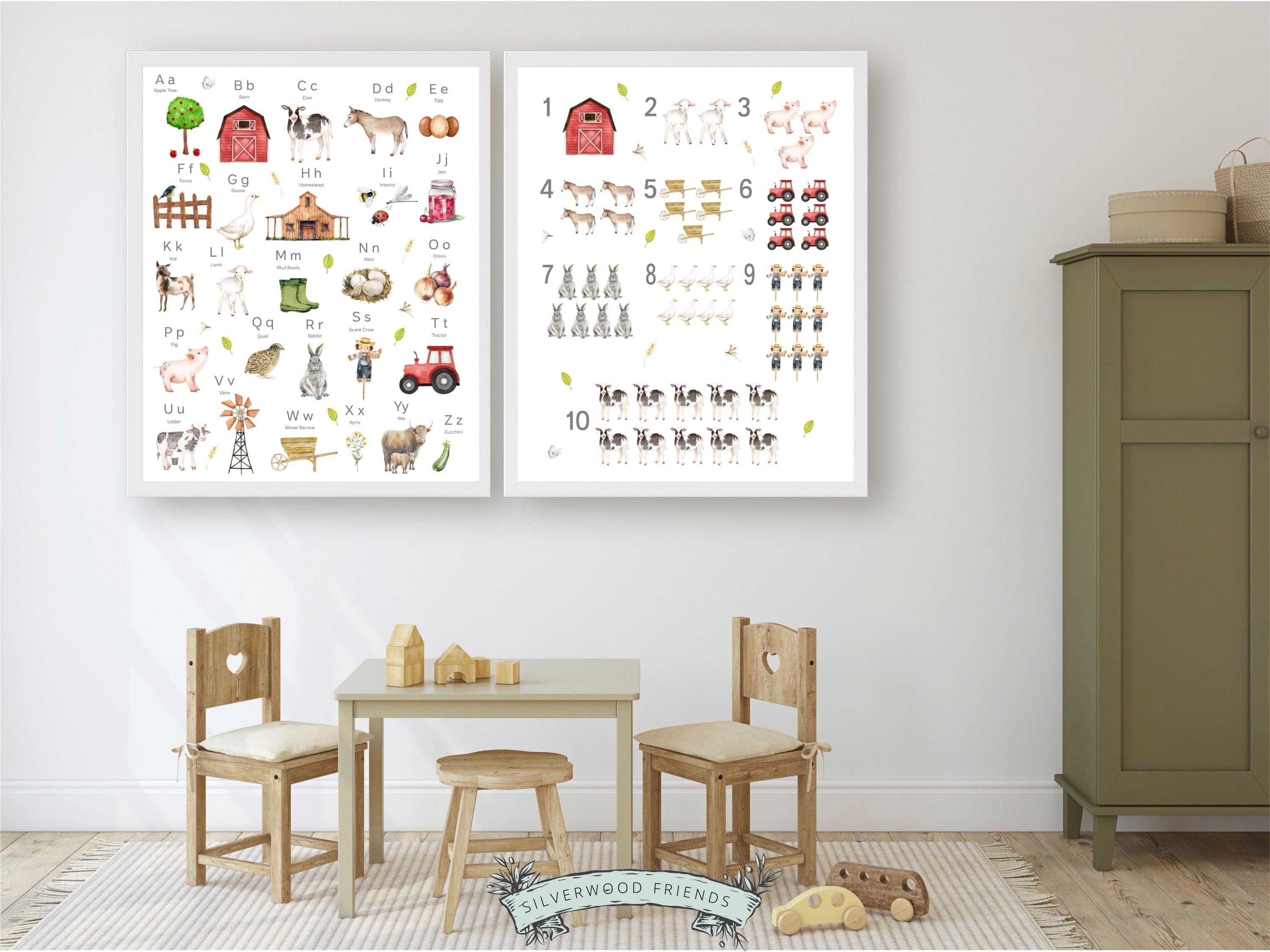 Farm Alphabet and Numbers Print, Farm Animals Nursery Wall Art, Farm ...