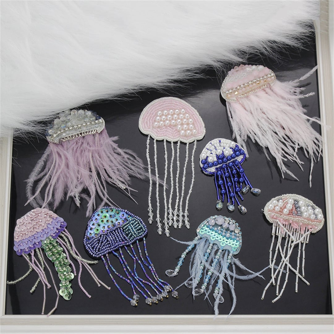 Dangling Fringe Jellyfish Crystal Beaded Applique Patch, Tassel Feather ...