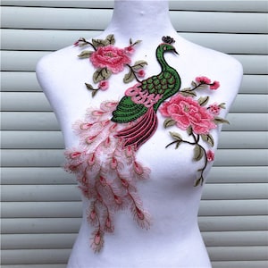 Peacock Embroidered Applique With Blossom Peony, Vintage Peacock Patch for Costume Design, Dress ...