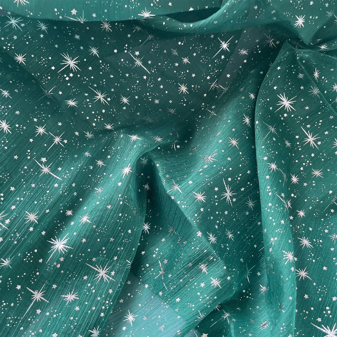 Shiny Irregular Silver Stars Glitter Deep Green Organza Fabric, Printed ...