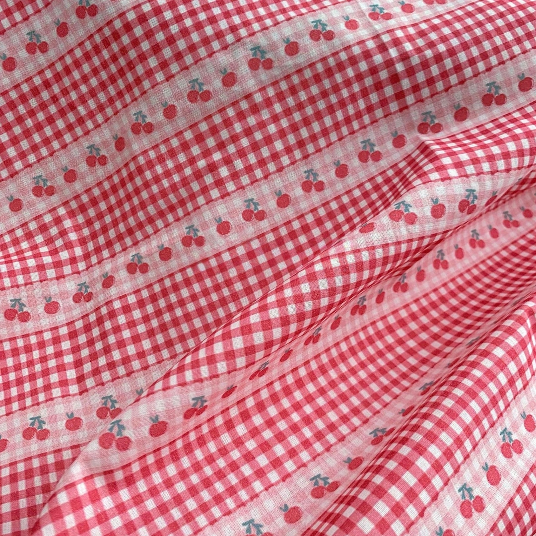 Adorable Cherry Strawberry Print Fabric, Striped Fabric, Plaid Cotton ...