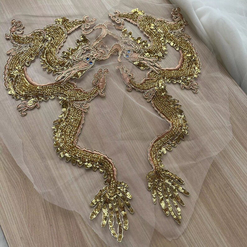 Golden Beaded Dragon Applique Luxury Beaded Lace Patch - Etsy