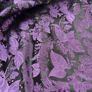 Gorgeous Purple Leaf Flower Embroidery Black Brocade Fabric, Jacquard ...