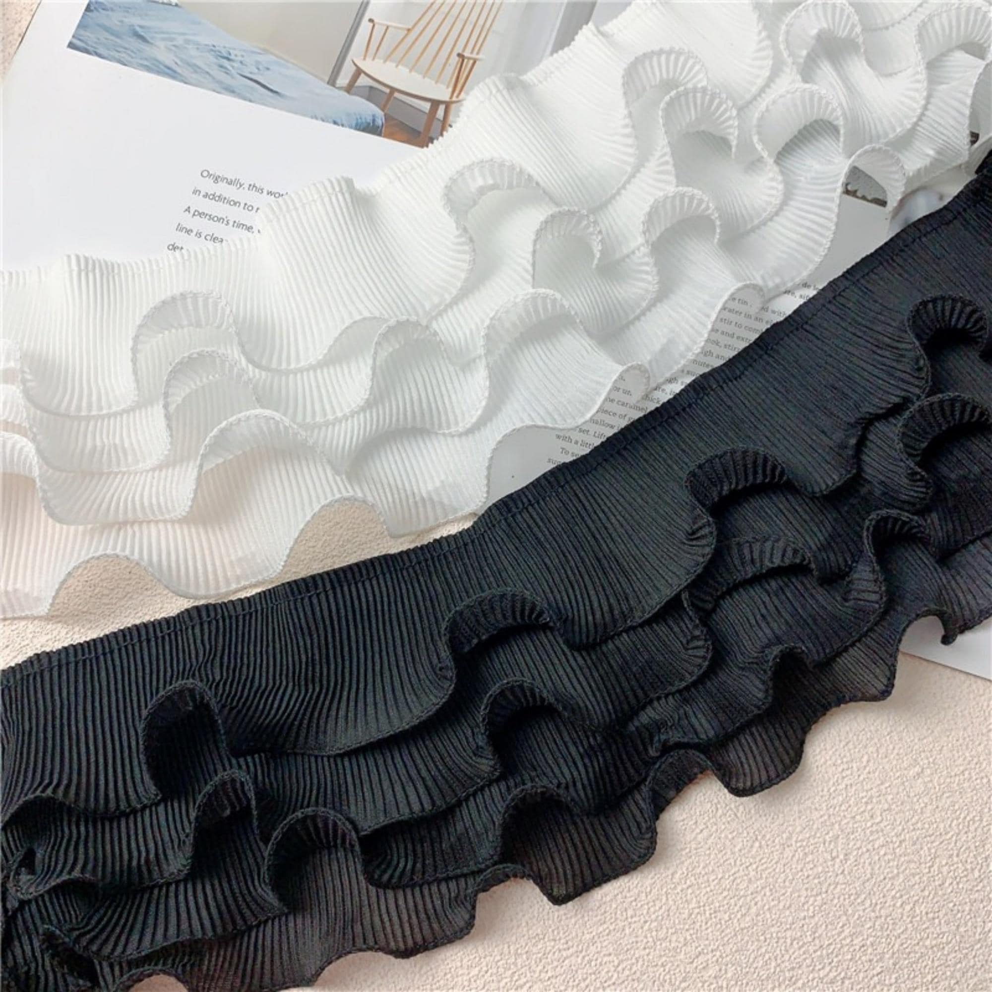 4 Layers Ruffle Lace Trim, Black/off White Chiffon Ruffled Lace, for ...