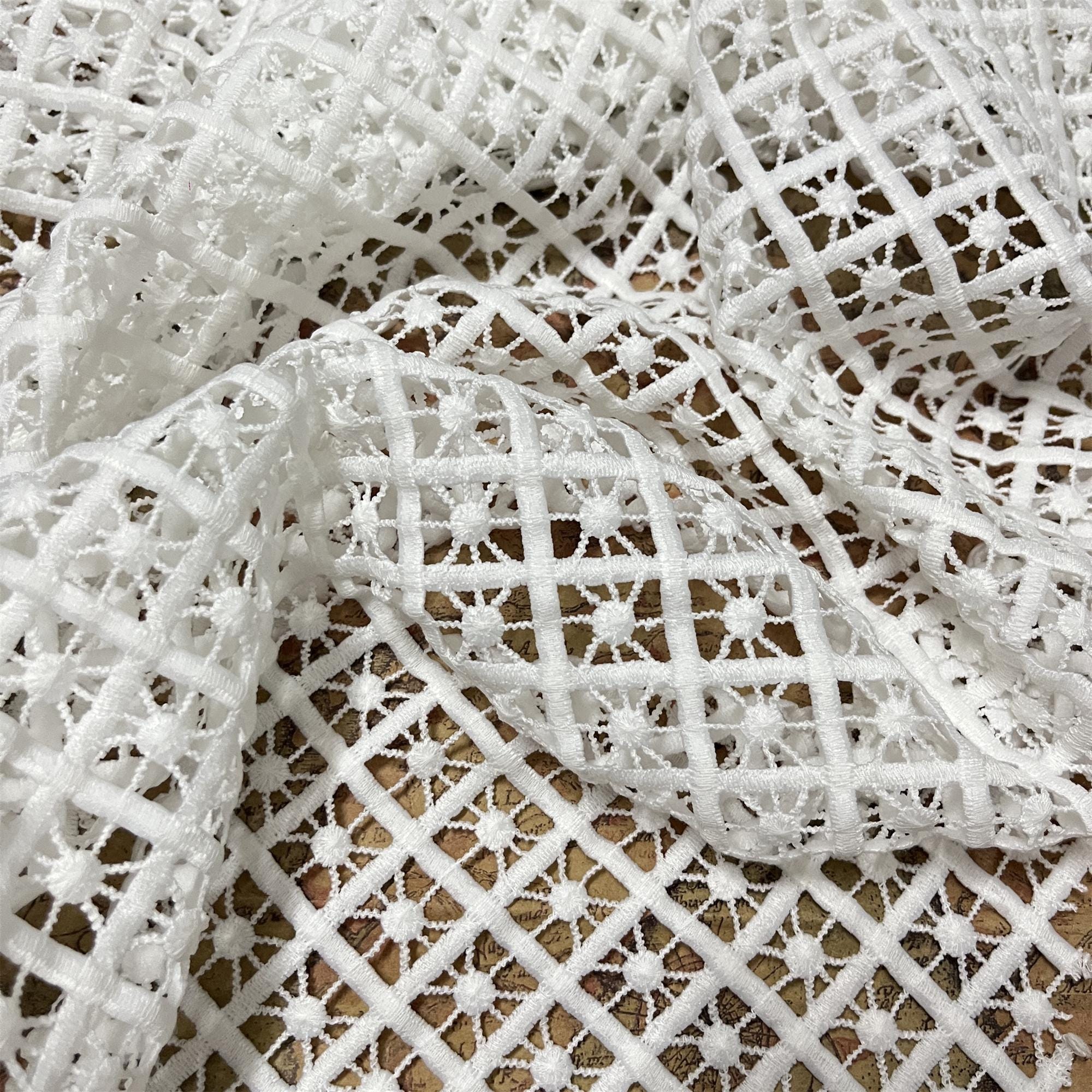 Hollowed Grid Geometry Dots Embroidery Guipure Fabric in off White for ...