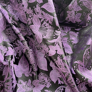 Gorgeous Purple Leaf Flower Embroidery Black Brocade Fabric, Jacquard ...