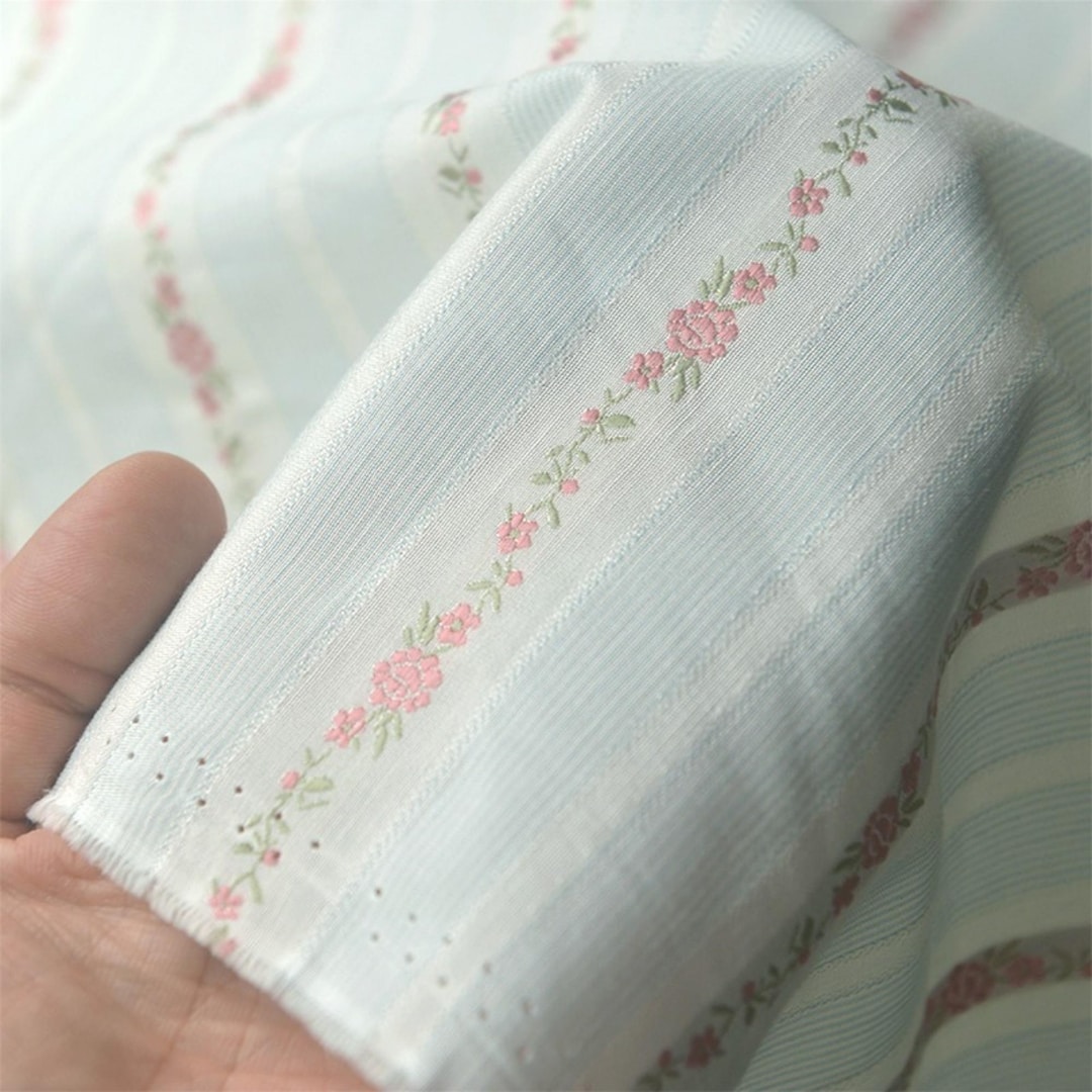 Blue White Embroidery Stripes Fabric, Cotton Fabric, Floral Print ...
