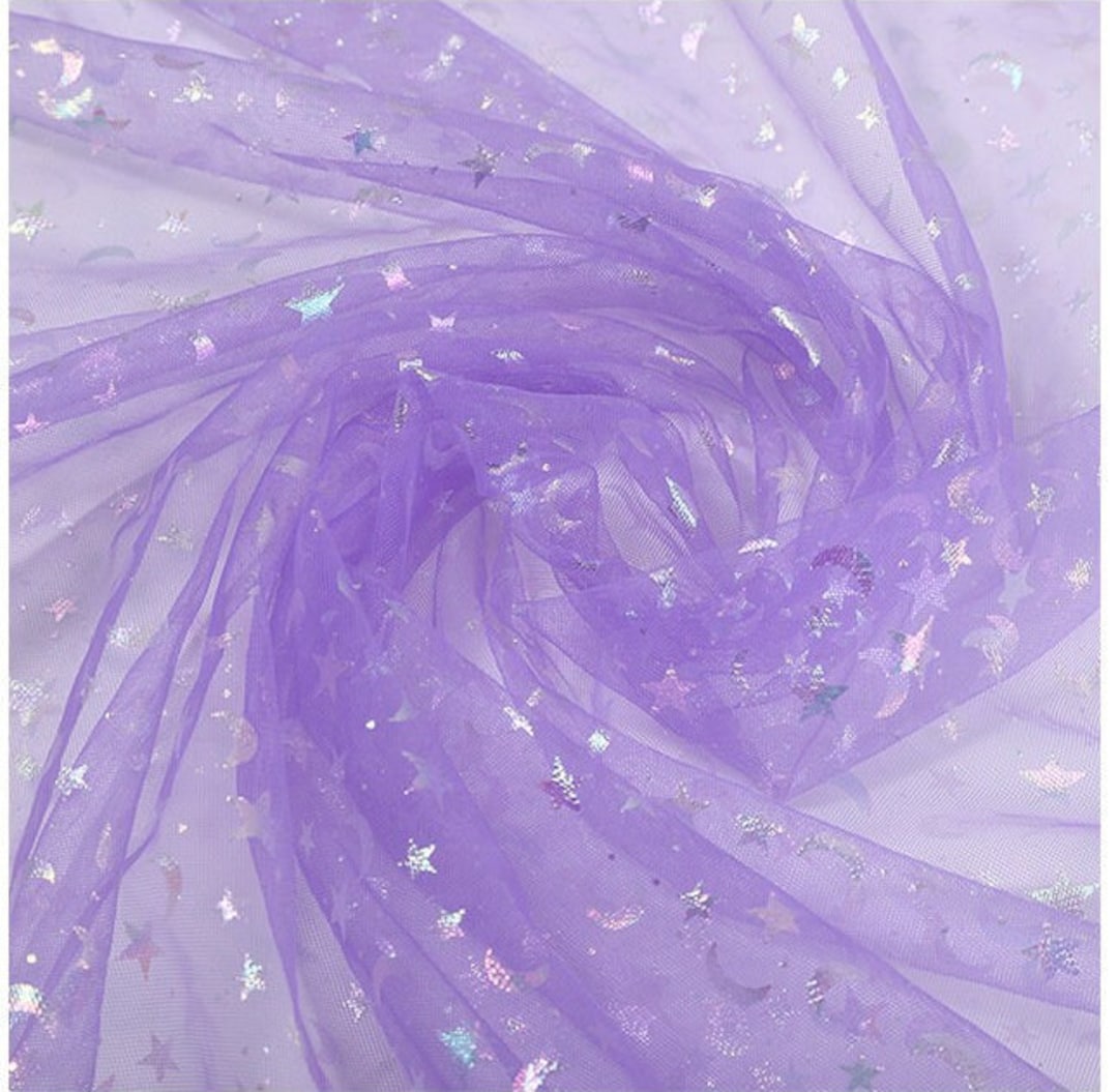 Lavender Celestial Mesh, Gradient Starry Moons Lace Fabric, Celestial ...