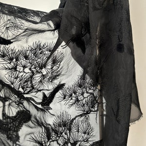 Black Lace Fabric, Crane Bird Tree Pattern Embroidered Organza Lace ...