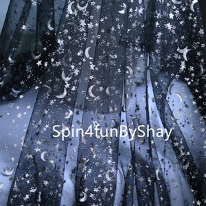 Silver Stars Black Mesh Fabric, Celestial Stars Moons Print Lace Fabric ...