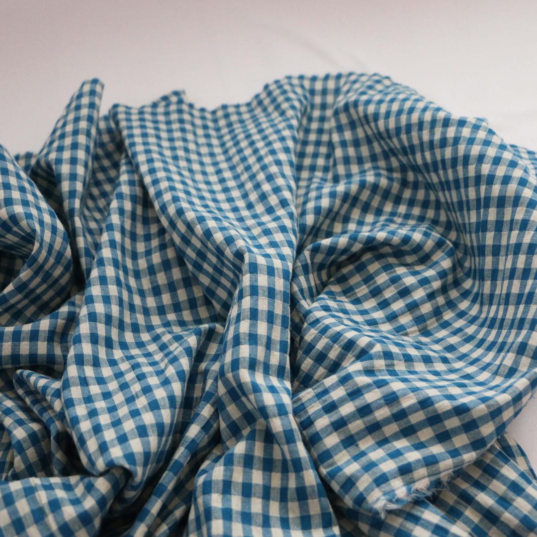 Retro Blue White Plaid Fabric, Grid Cotton Fabric, Vintage Gingham ...