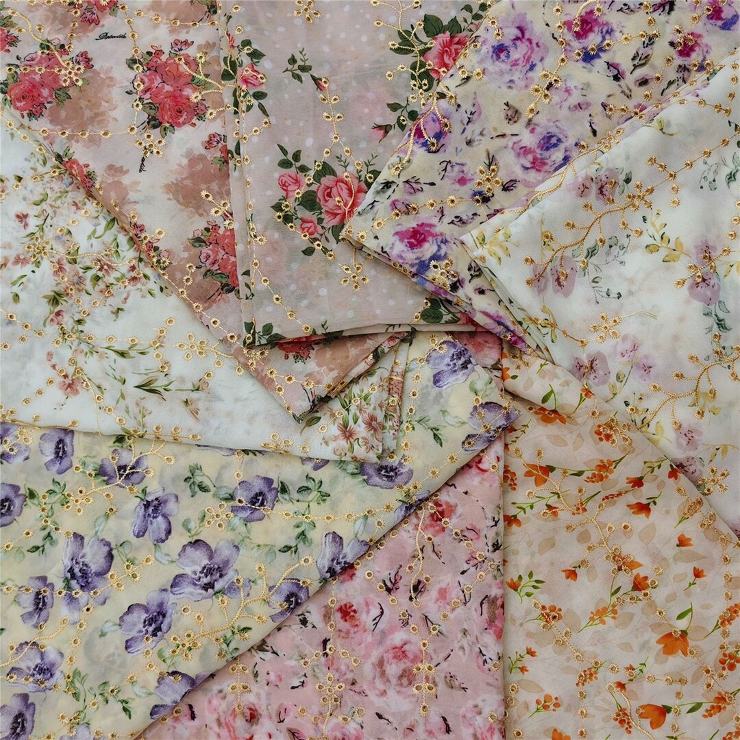 Eyelet Embroidery Chiffon Fabric Floral Printing Chiffon Lace Fabric ...