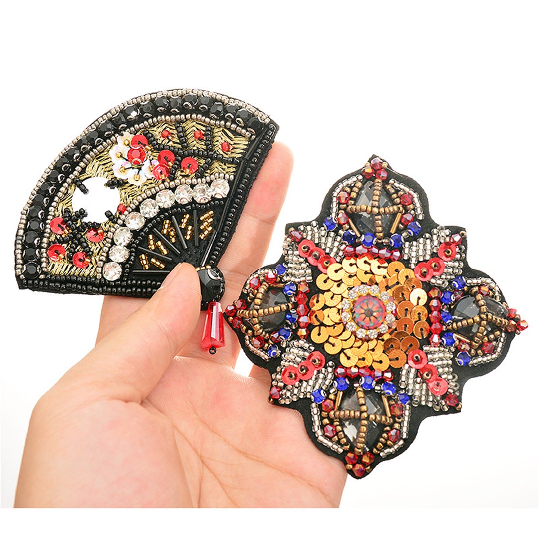 Multicolors Beading Embroidery Fan Applique Patch, Fan Patch / Geometry ...