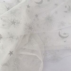Illusion Silver Glitter Celestial Stars Moons Tulle Lace Fabric, Bridal ...
