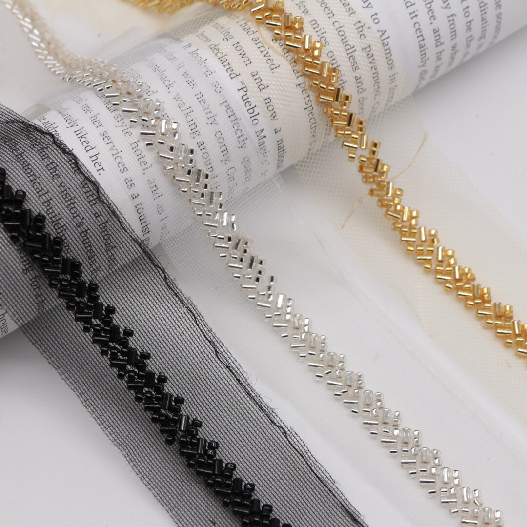1 Yard Narrow Beaded Lace Trim, Mesh Beaded Trim, Sash Belt Bridal Lace ...