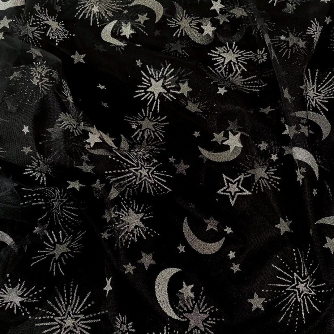 Illusion Silver Glitter Celestial Stars Moons Tulle Lace Fabric, Bridal ...