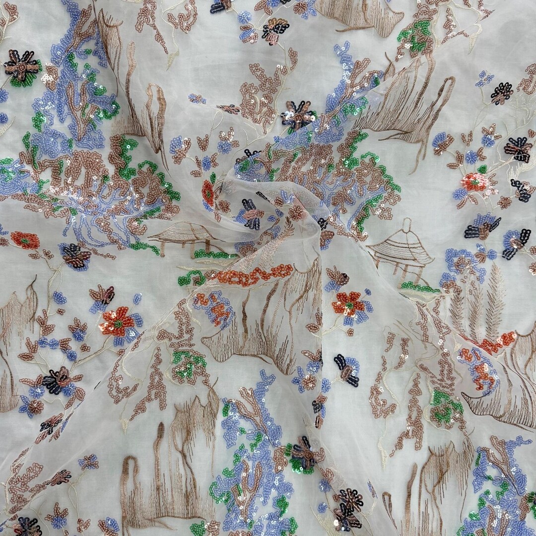 Elegant House Scenery Floral Embroidery Fabric, Sequins Sheer Fabric ...