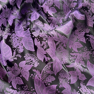 Gorgeous Purple Leaf Flower Embroidery Black Brocade Fabric, Jacquard ...